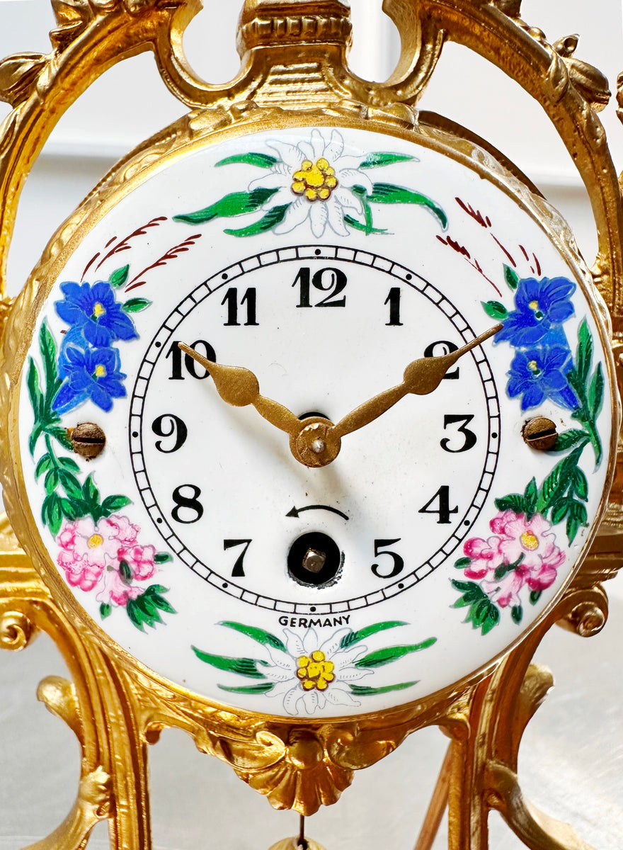 Antique Figural Floral Enameled German Desk Clock | Adelaide Clocks