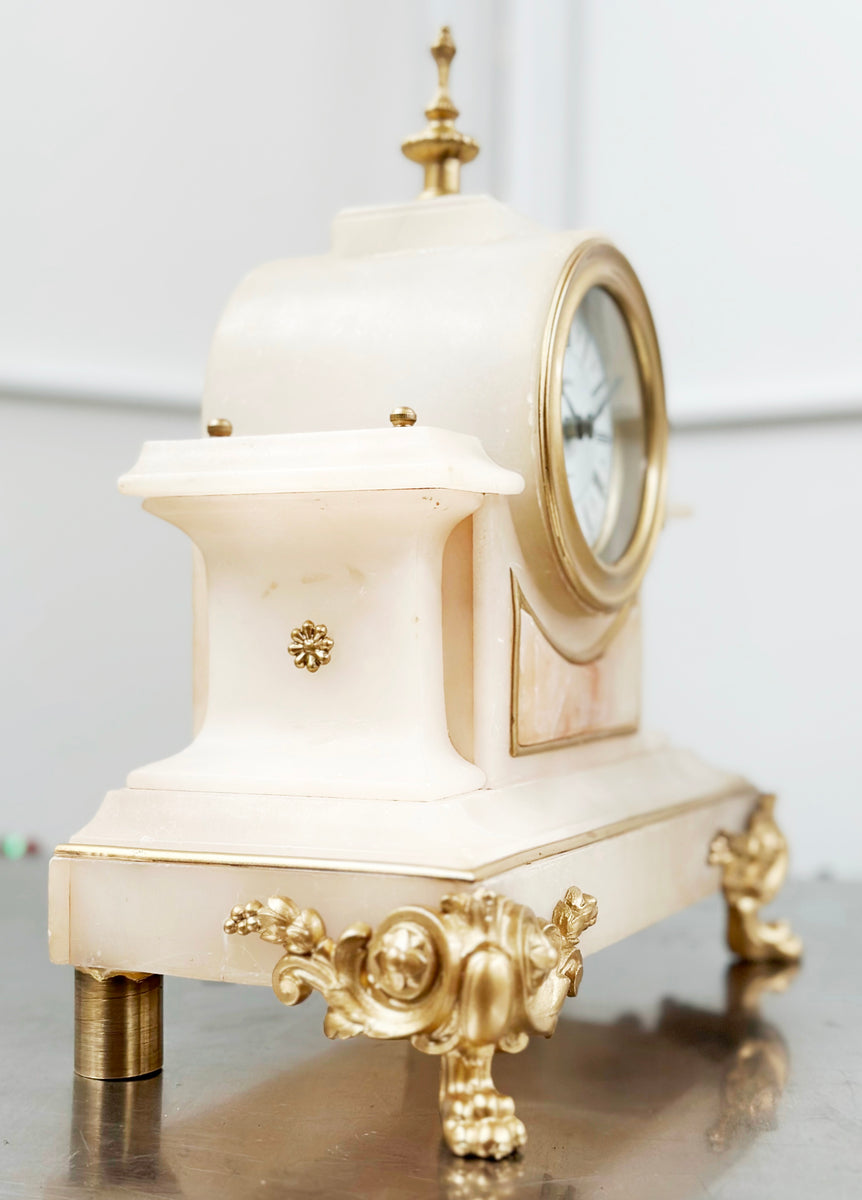 Antique French White Alabaster Battery Mantel Clock | Adelaide Clocks