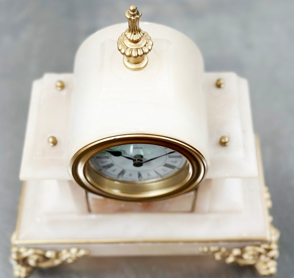 Antique French White Alabaster Battery Mantel Clock | Adelaide Clocks